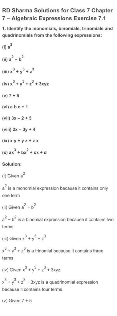 RD Sharma Class 7 Maths Chapter 7 – Algebraic Expressions Exercise 7.1 ...