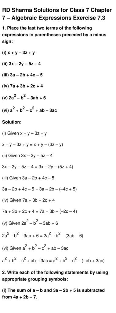 RD Sharma Class 7 Maths Chapter 7 – Algebraic Expressions Exercise 7.3 ...
