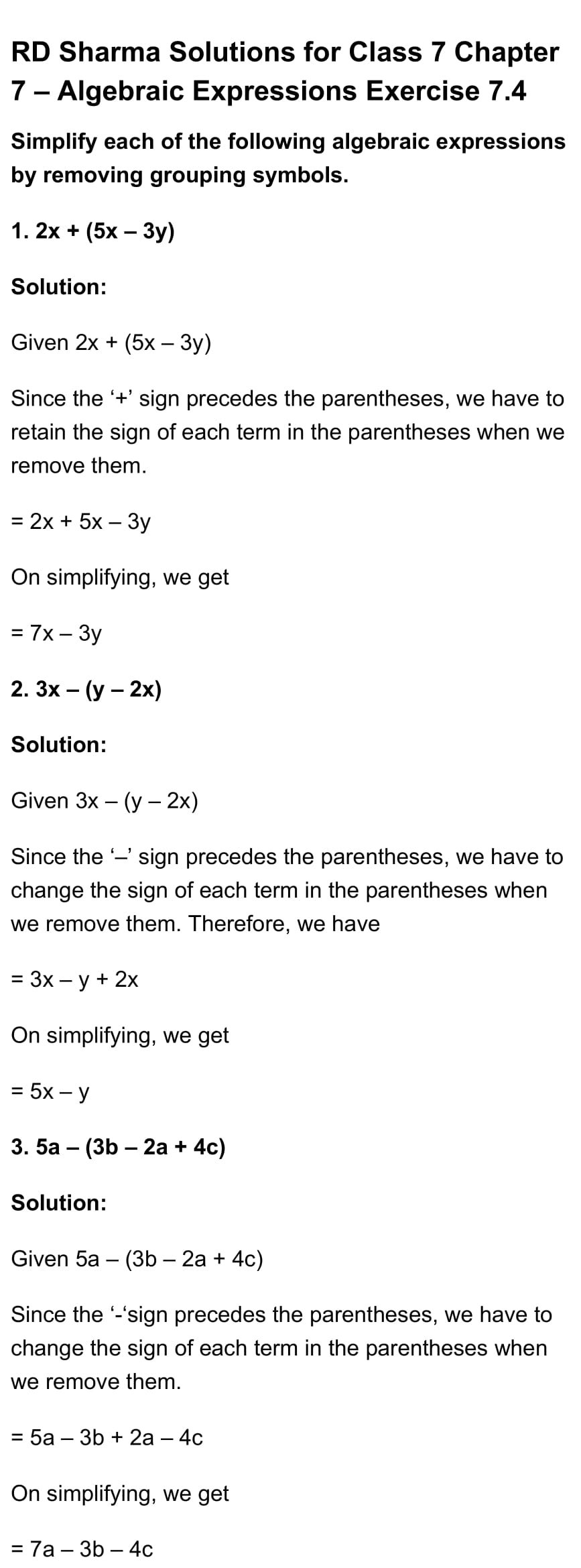 RD Sharma Class 7 Maths Chapter 7 – Algebraic Expressions Exercise 7.4 ...