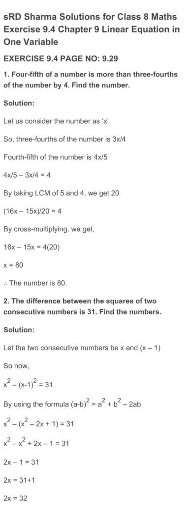 RD Sharma Chapter 9 – Linear Equation in One Variable Exercise 9.4 ...
