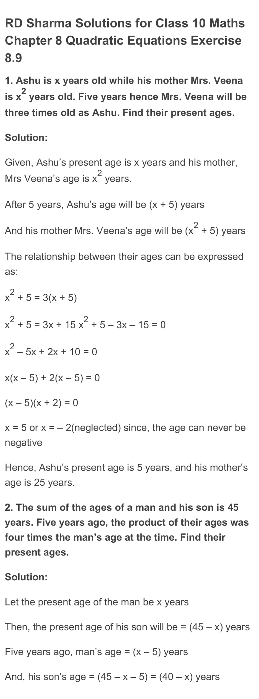 RD Sharma Class 10 Maths Exercise 8.9 Solutions - RD Sharma Solutions
